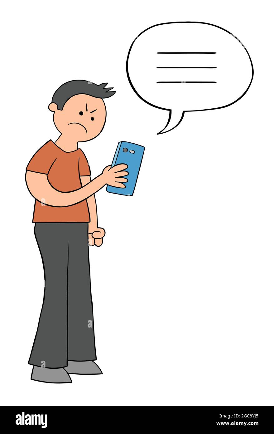 Cartoon man texting on smartphone and angry, vector illustration ...