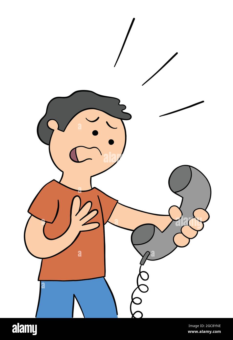 Cartoon man holding phone and scared, vector illustration. Colored and ...