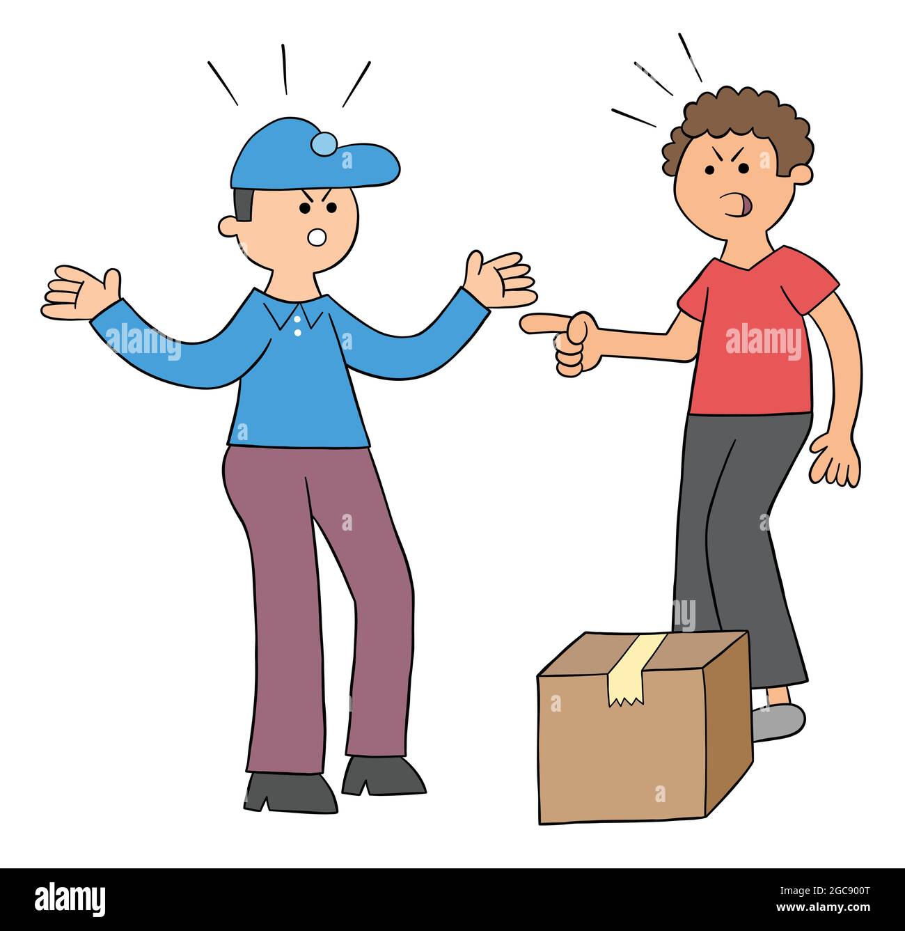 Cartoon courier brings parcel, discusses with customer, vector ...