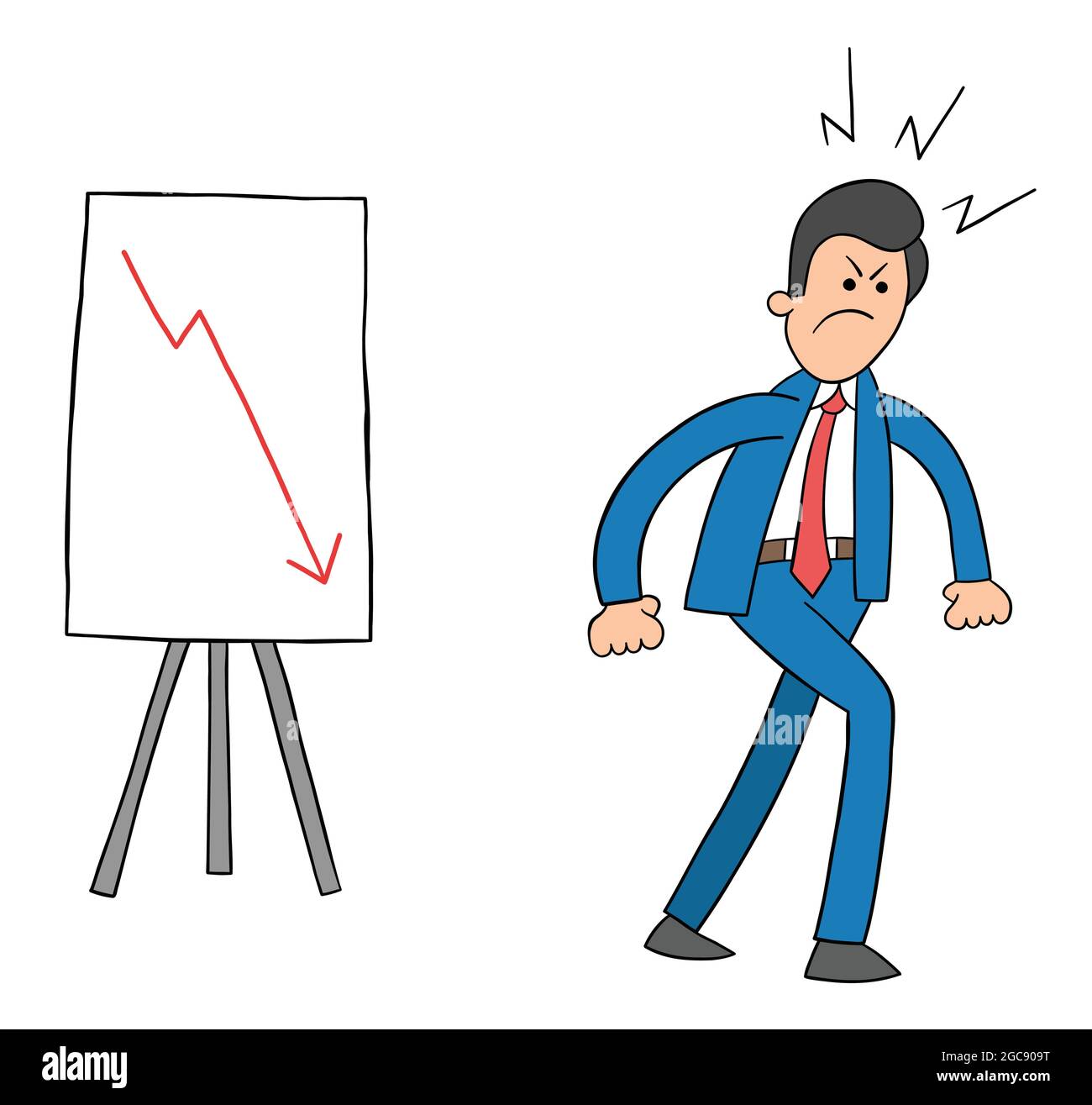 Cartoon sales graph goes down and the businessman leaves very angry ...