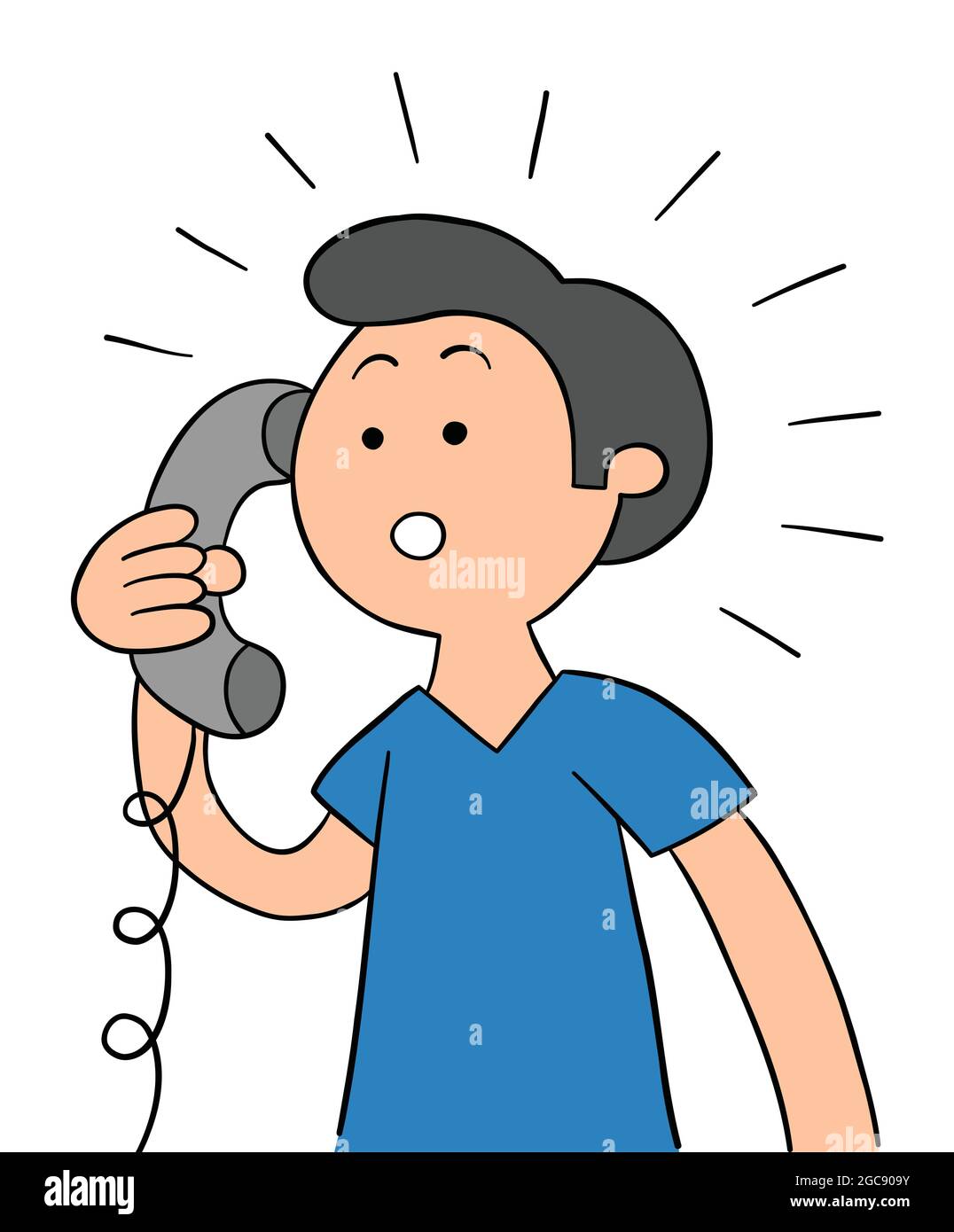 Cartoon man talking on landline phone and surprised, vector ...