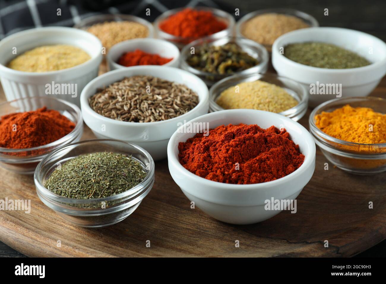 Bowls with different aromatic spices, close up Stock Photo - Alamy