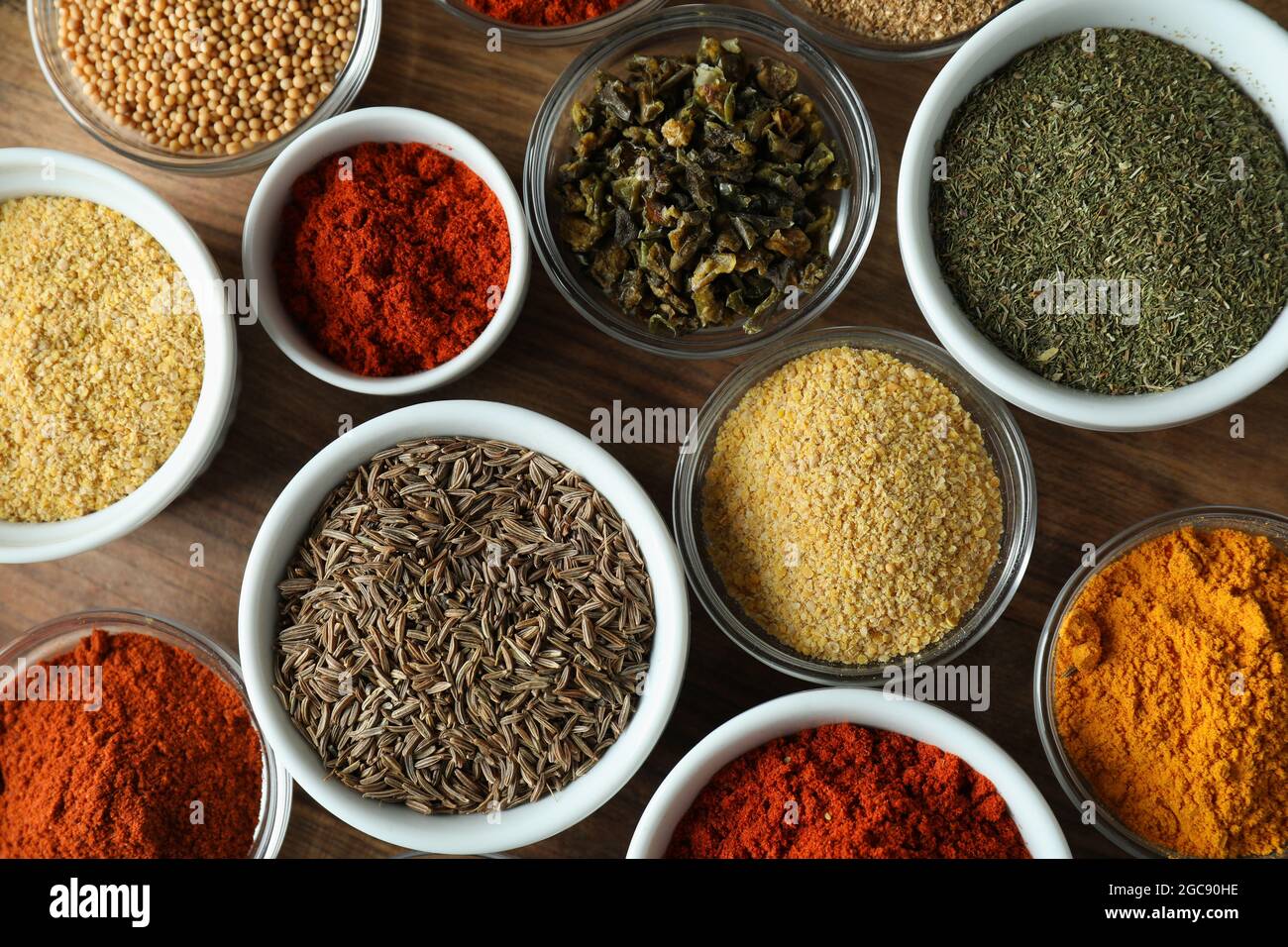 Bowls with different aromatic spices, top view Stock Photo - Alamy
