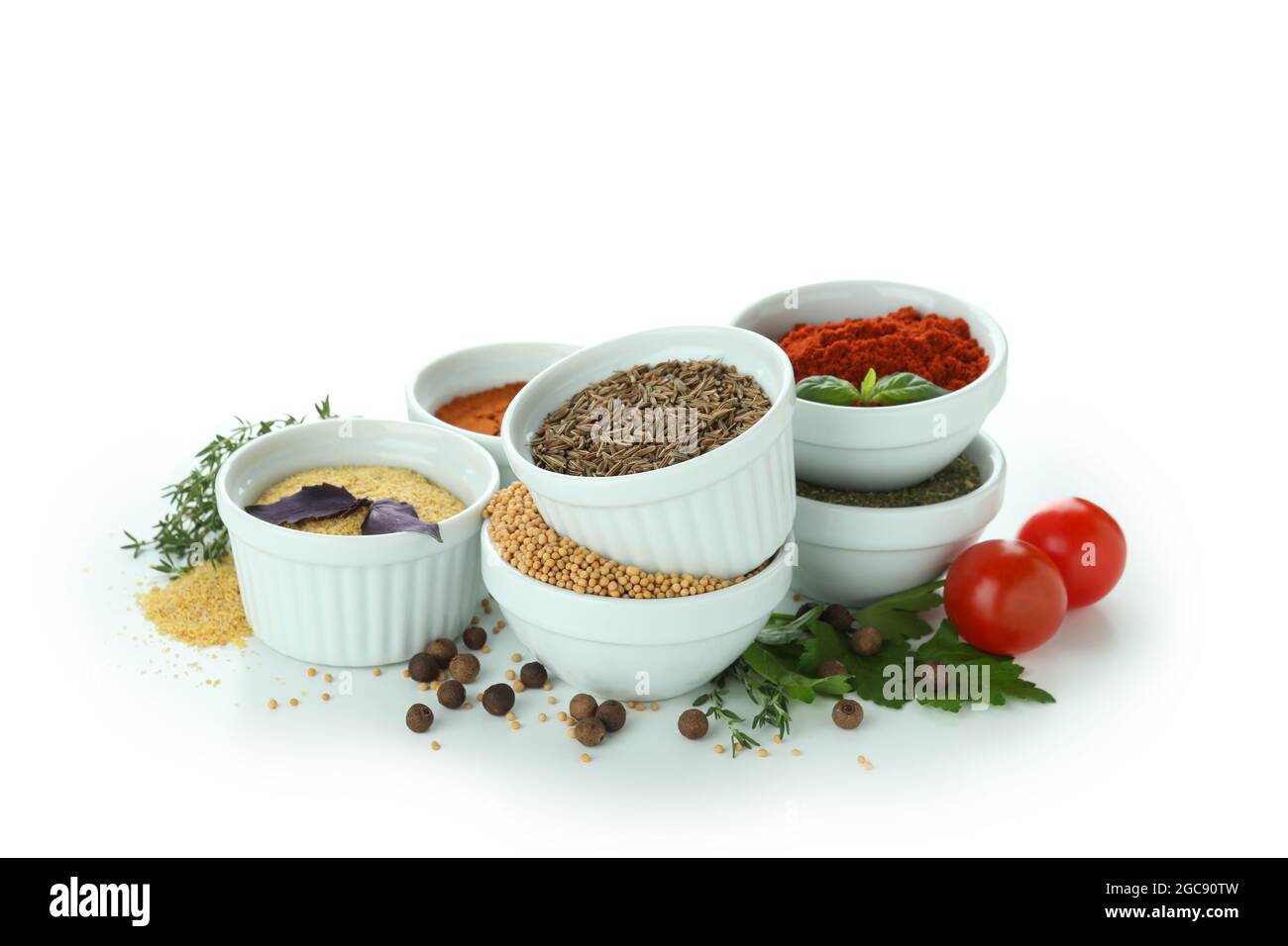 Different aromatic spices isolated on white background Stock Photo - Alamy