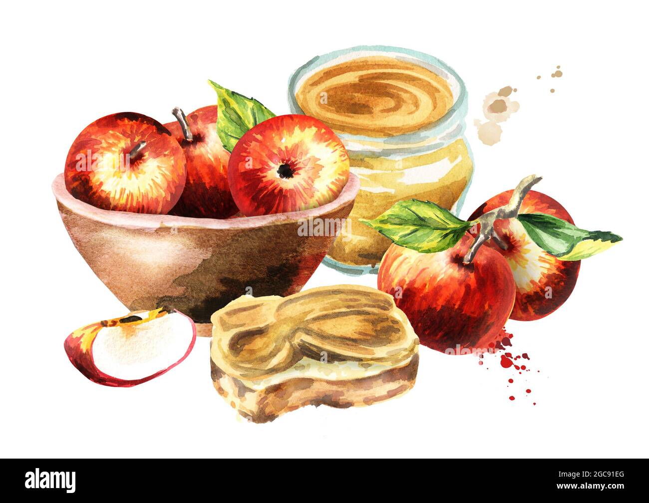 Bowl with apples and jam. Watercolor hand-drawn illustration Stock ...