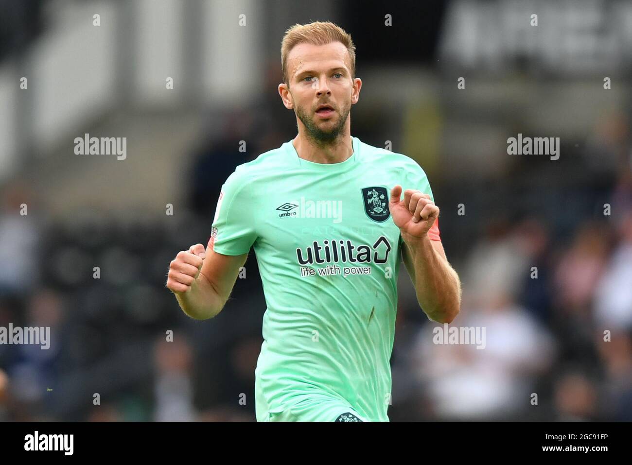 Derby, UK. 07th Aug, 2021. Jordan Rhodes #9 of Huddersfield Town during ...