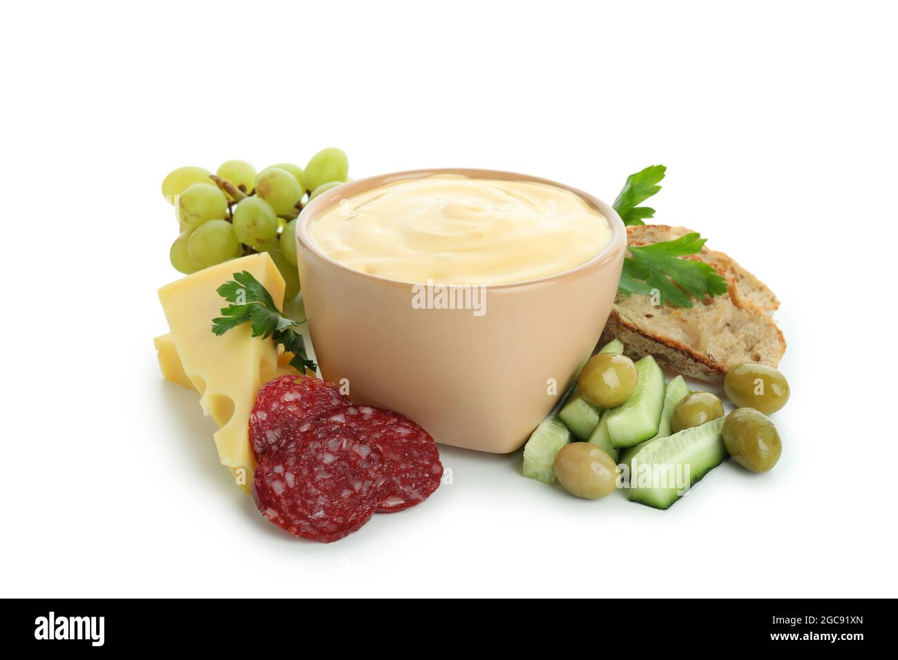 Tasty cheese fondue isolated on white background Stock Photo - Alamy