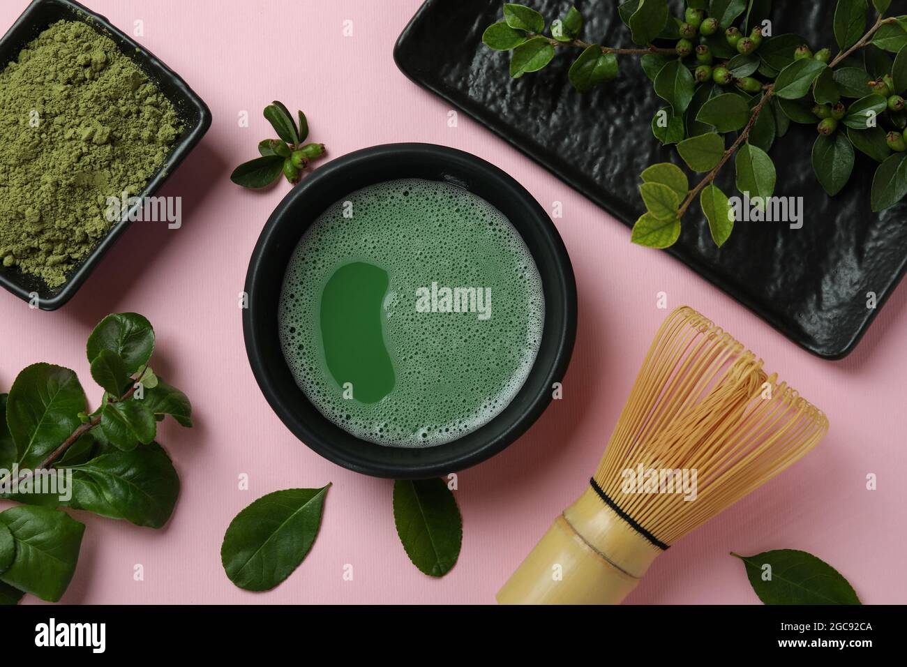 Concept of japanese tea with matcha on pink background Stock Photo - Alamy