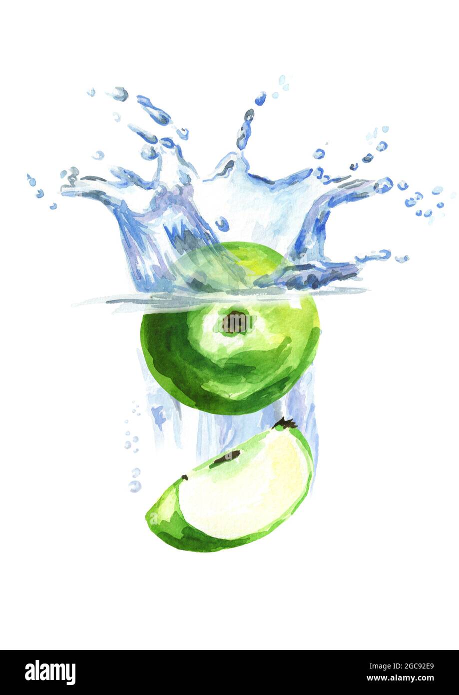 Fresh green apples falling into water isolated on white background ...