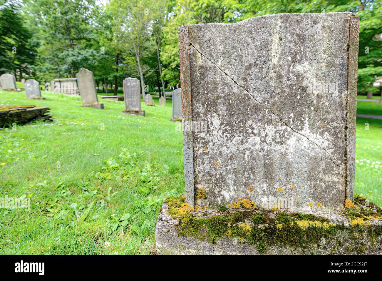 A very old, moss covered, and cracked grave marker in a cemetery. No ...