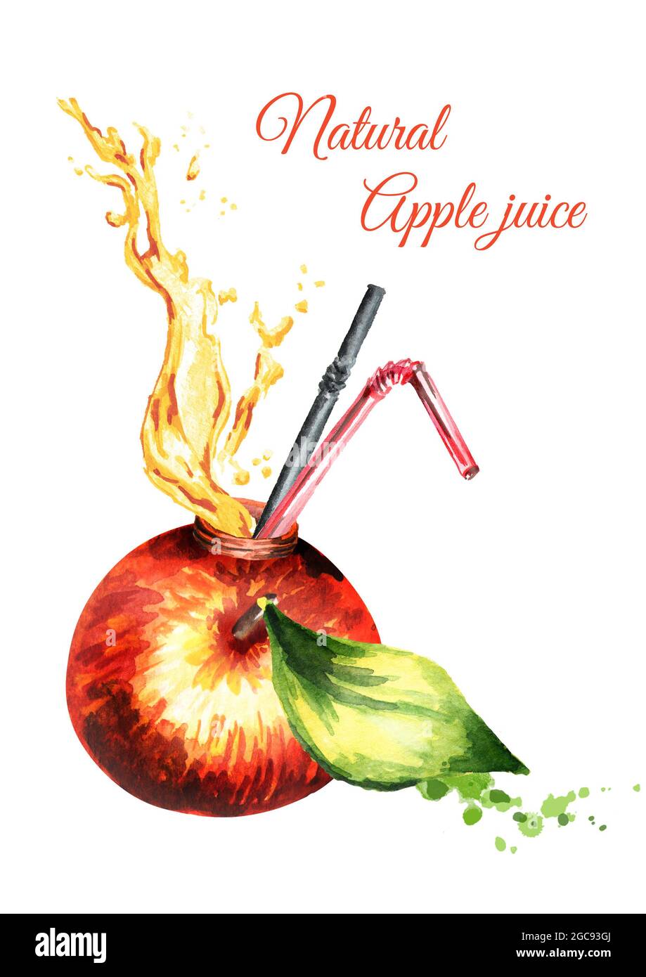 Natural Apple juice composition. Watercolor Hand-drawn illustration ...