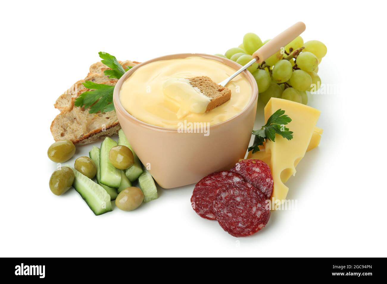 Tasty cheese fondue isolated on white background Stock Photo - Alamy