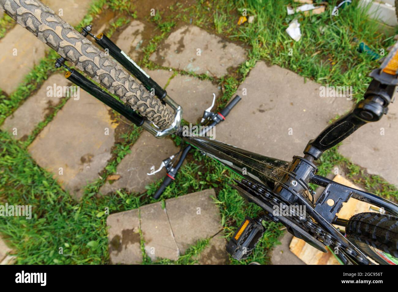 Bike waiting mechanic for repair in bicycle repair shop, outdoor ...