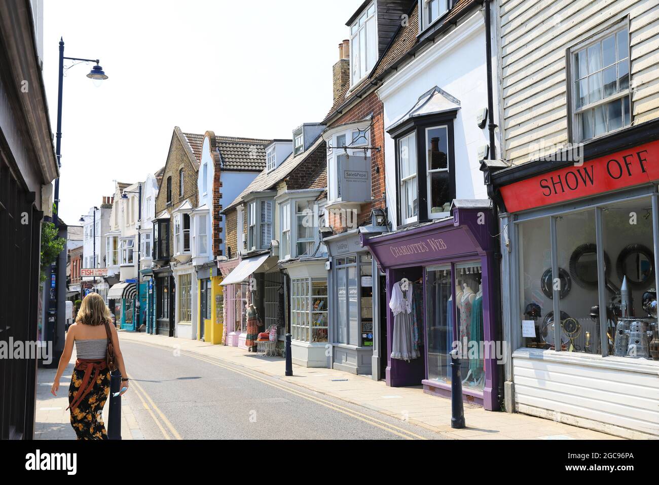 Independent shops on pretty Harbour Street, in coastal Whitstable, in ...