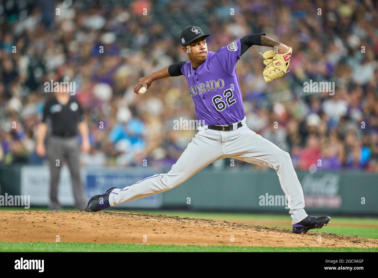 August 6 2021: Colorado pitcher Yency Almonte (62) throws a pitch ...