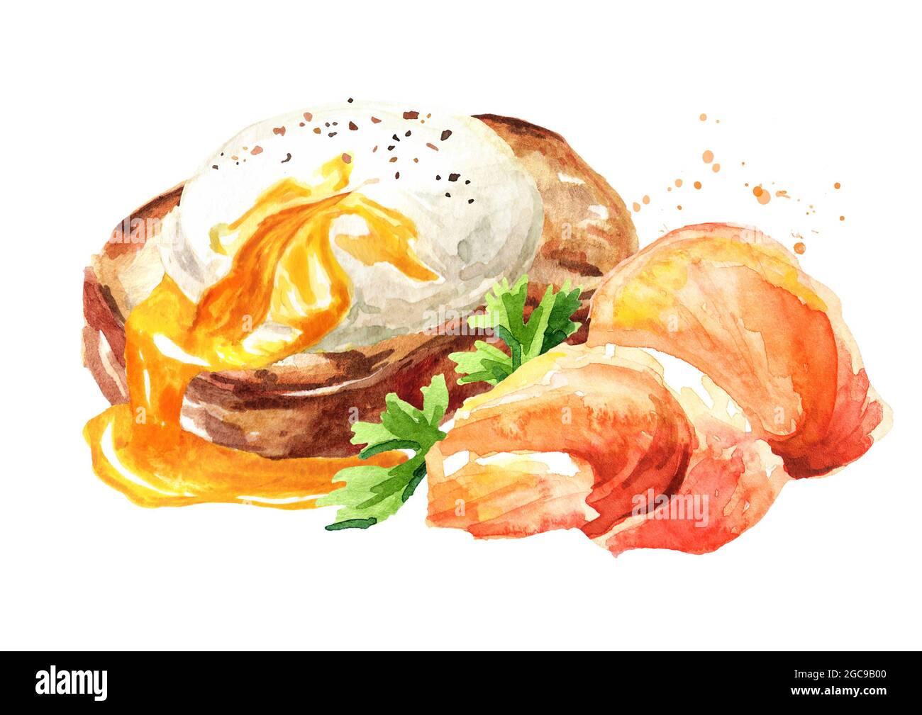 Poached egg on toast or fried bread and slice of smoked salmon. Hand ...