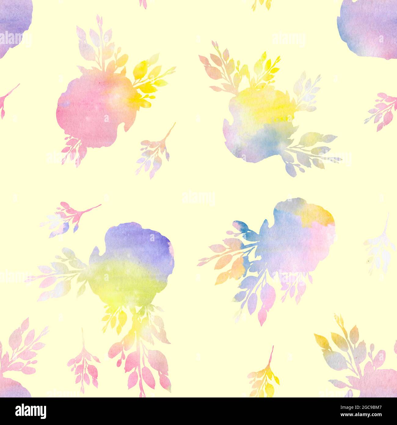 Seamless pattern with spring leaves and flowers. Roses in bloom ...