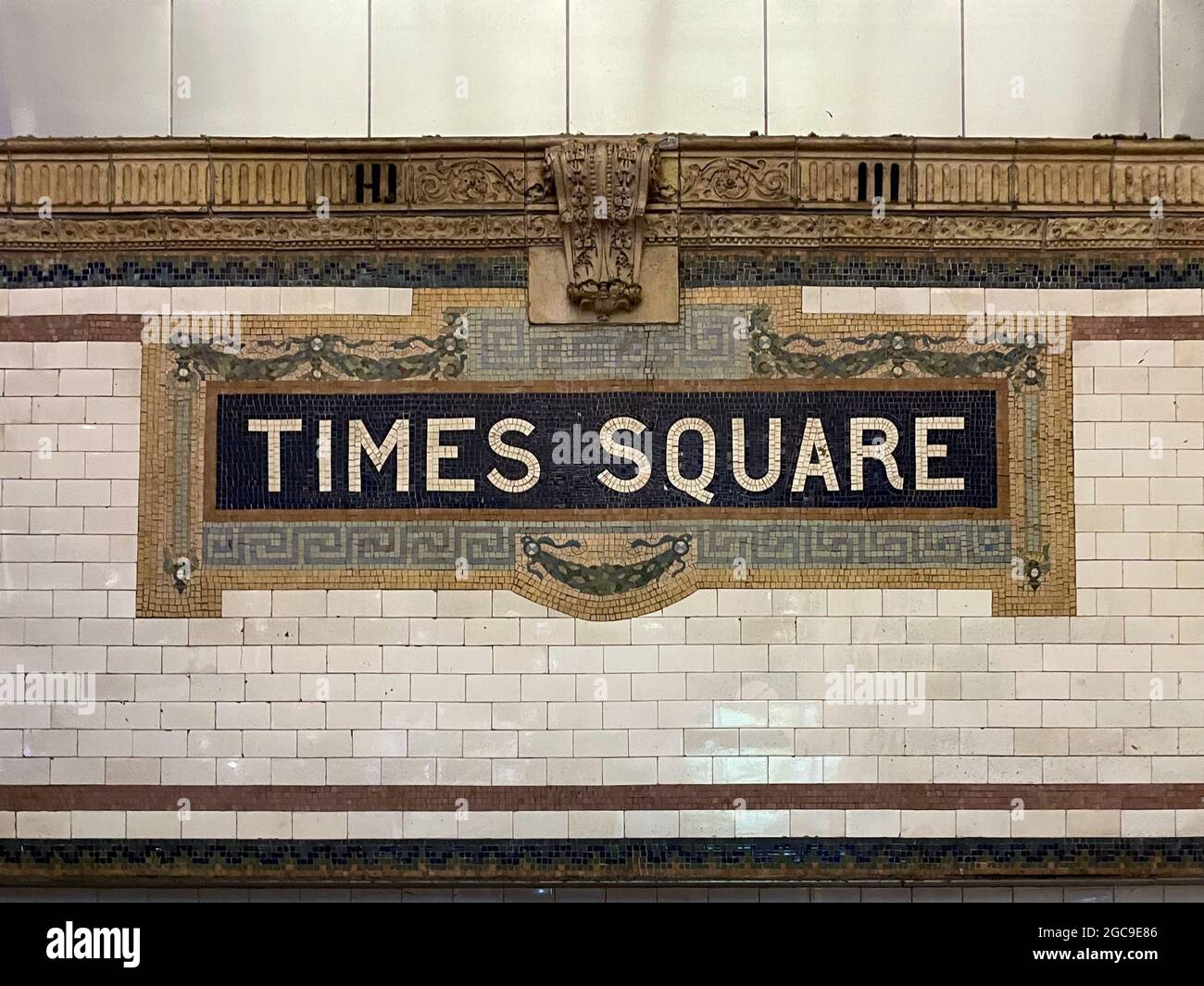 Sign at the entrance for the Times Square subway station in New York ...