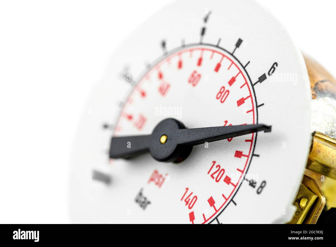 A macro photo of a pressure gauge scale to 10 BAR showing a pressure of ...