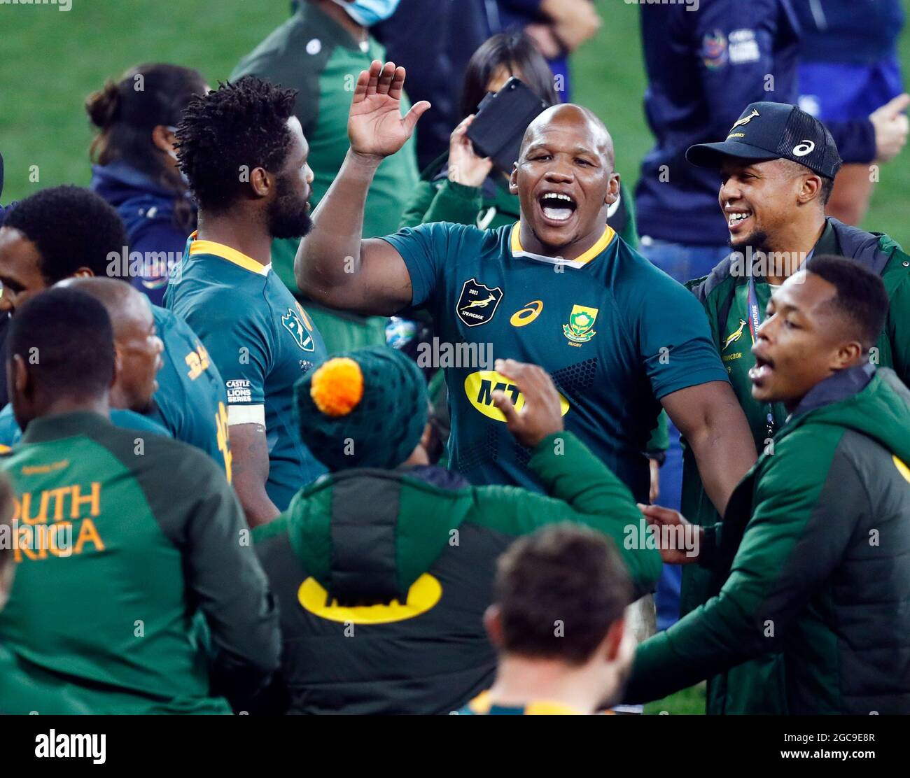 South Africa's Bongi Mbonambi celebrates after the final whistle during ...