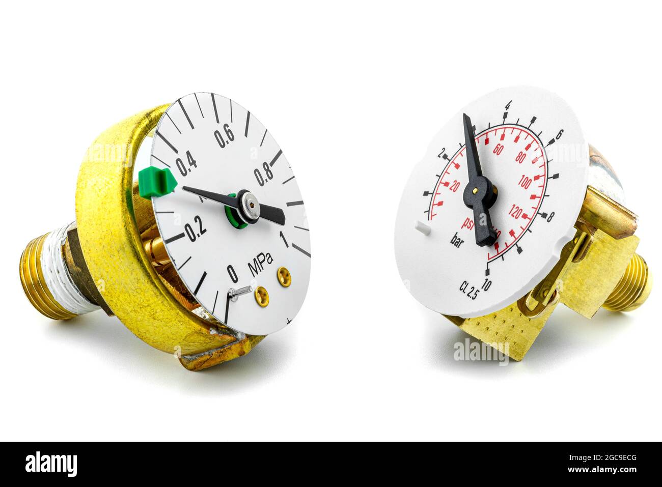 Macro photo of a scale of two pressure gauges to 10 BAR showing a ...