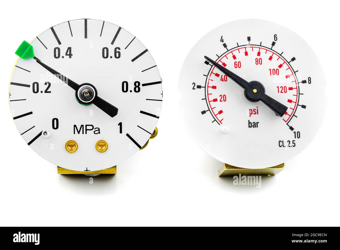 Macro photo of a scale of two pressure gauges to 10 BAR showing a ...