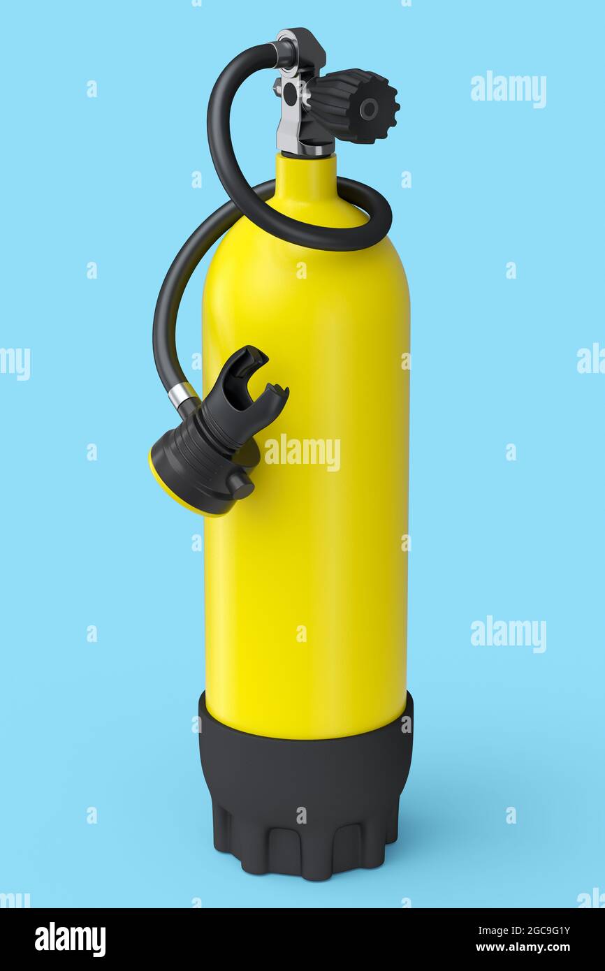 Yellow diving tank full oxygen for snorkeling isolated on a blue ...