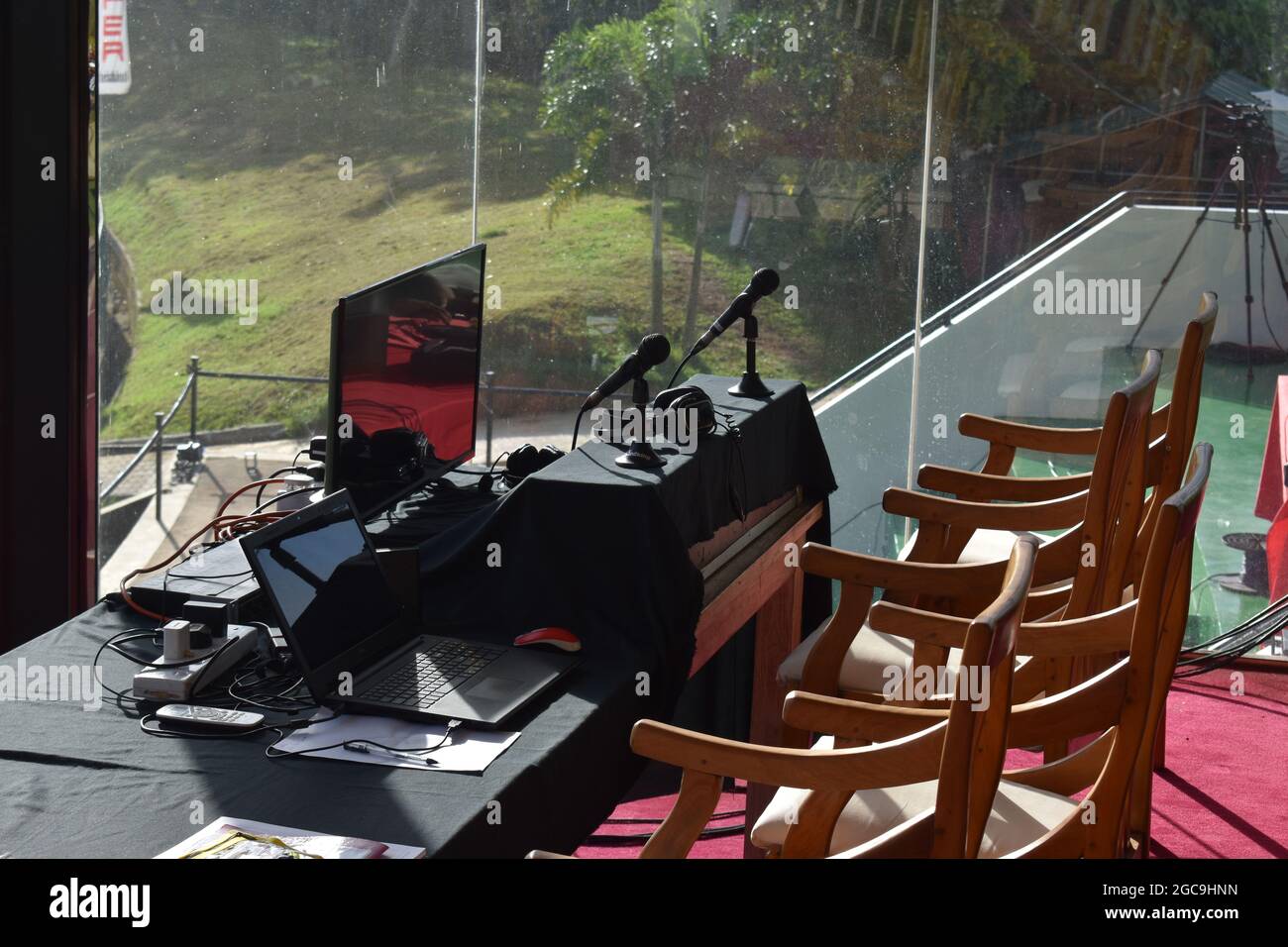 TV, computer, mikes and other equipment ready for a live commentary of ...