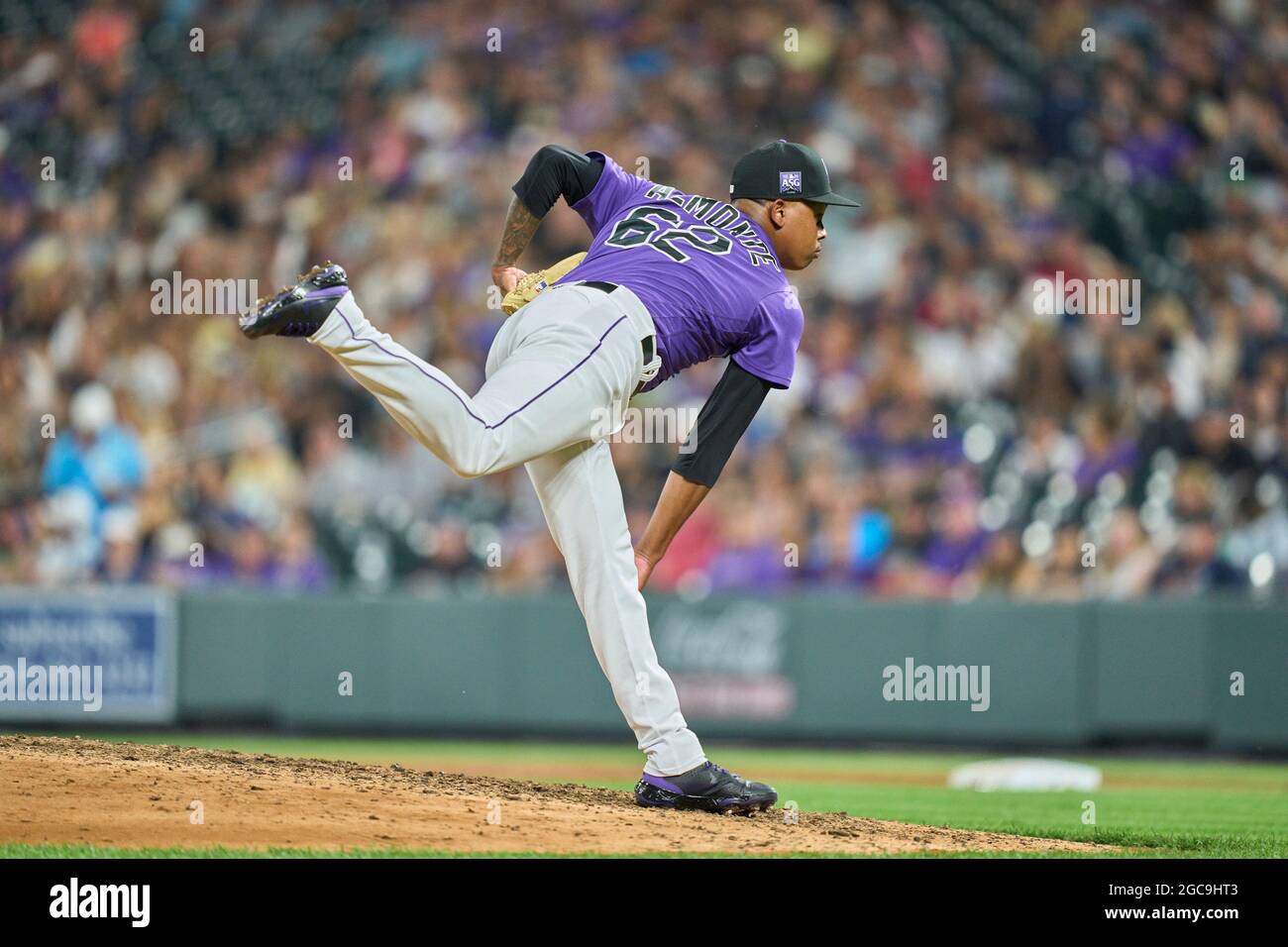 August 6 2021: Colorado pitcher Yency Almonte (62) throws a pitch ...