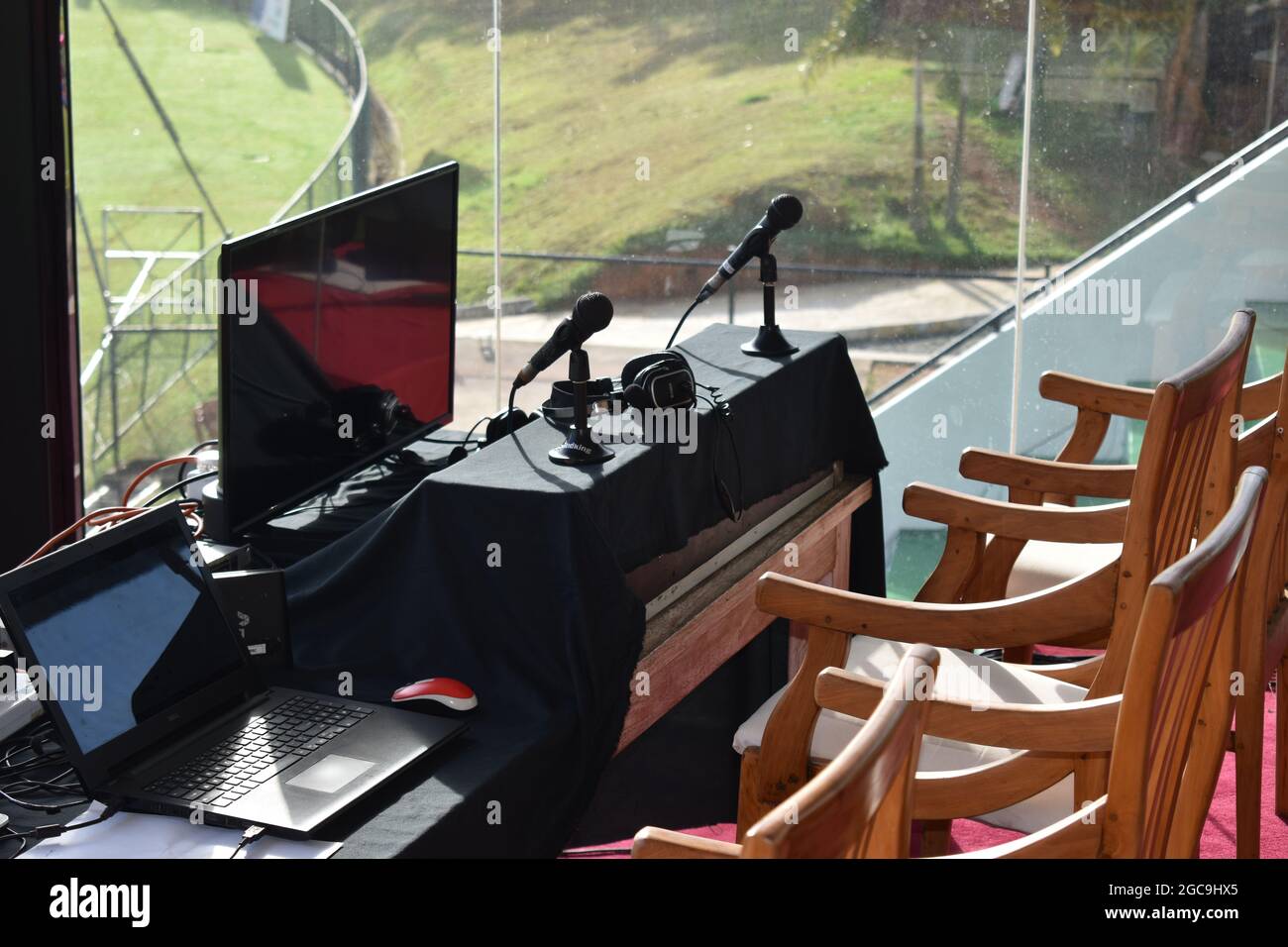 TV, computer, mikes and other equipment ready for a live commentary of ...
