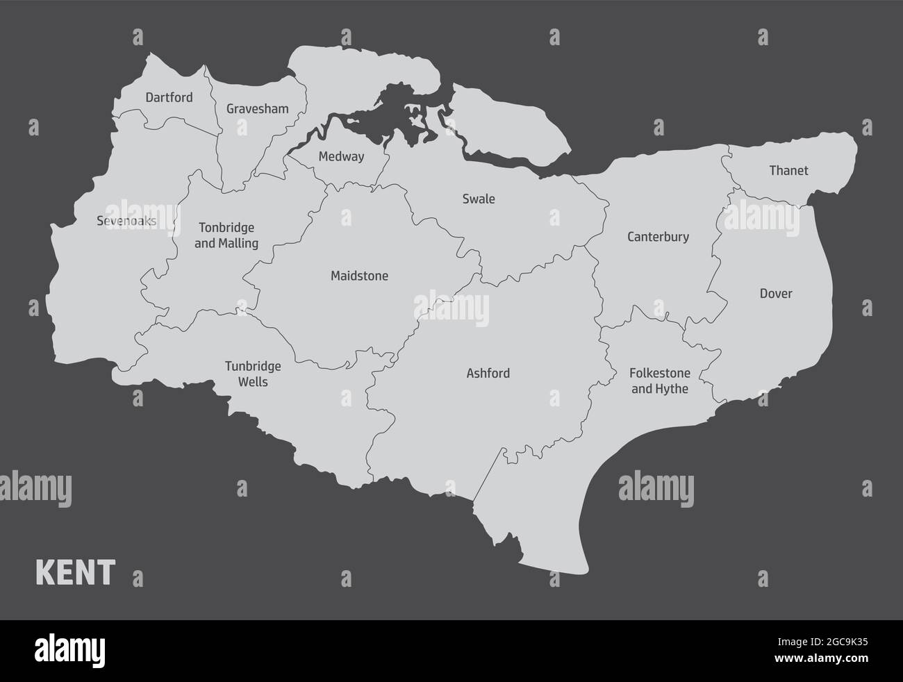 Kent county map divided in districts with labels, England Stock Vector ...
