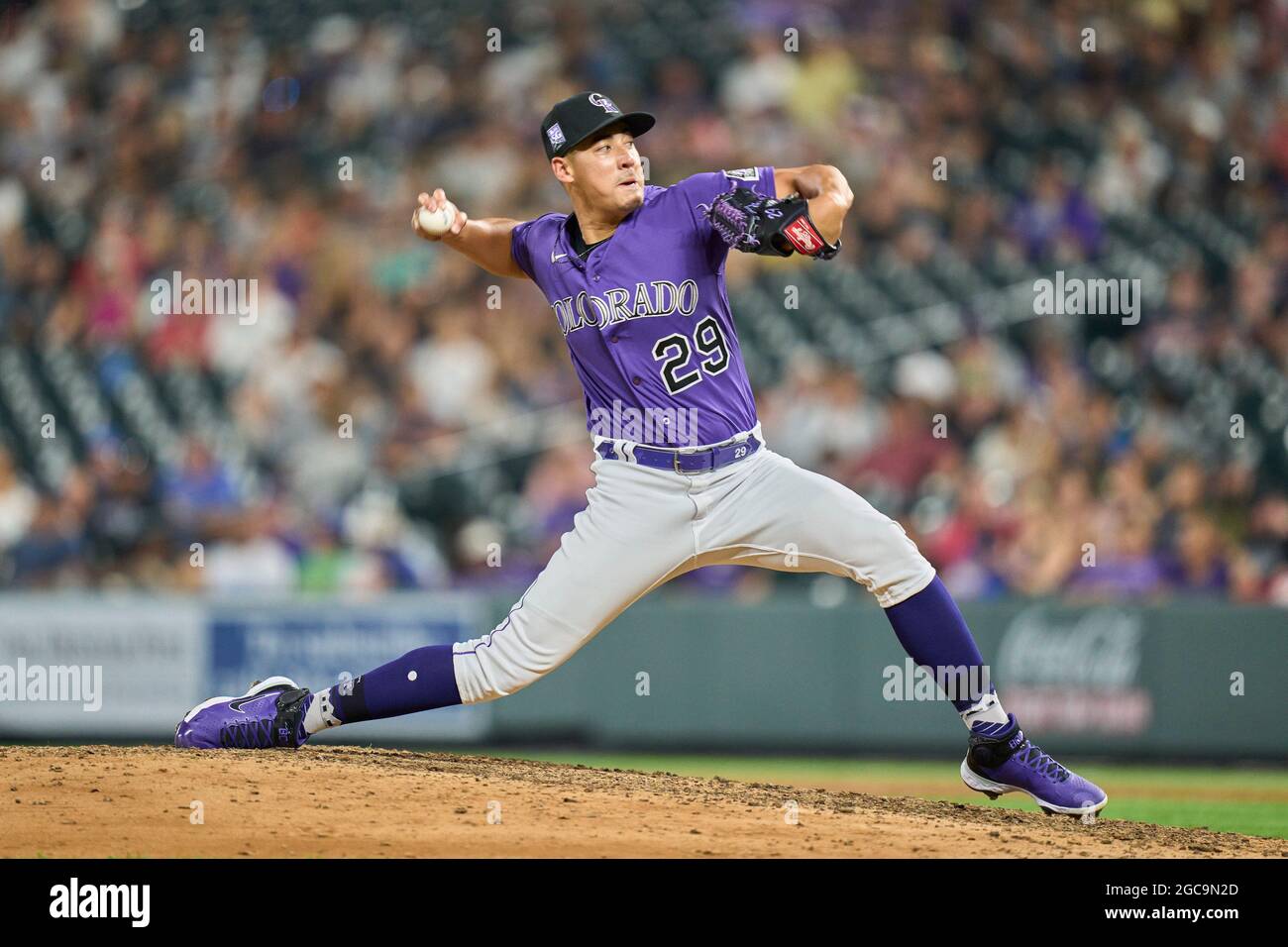 August 6 2021: Colorado pitcher Robert Stephenson (29) throws a pitch ...