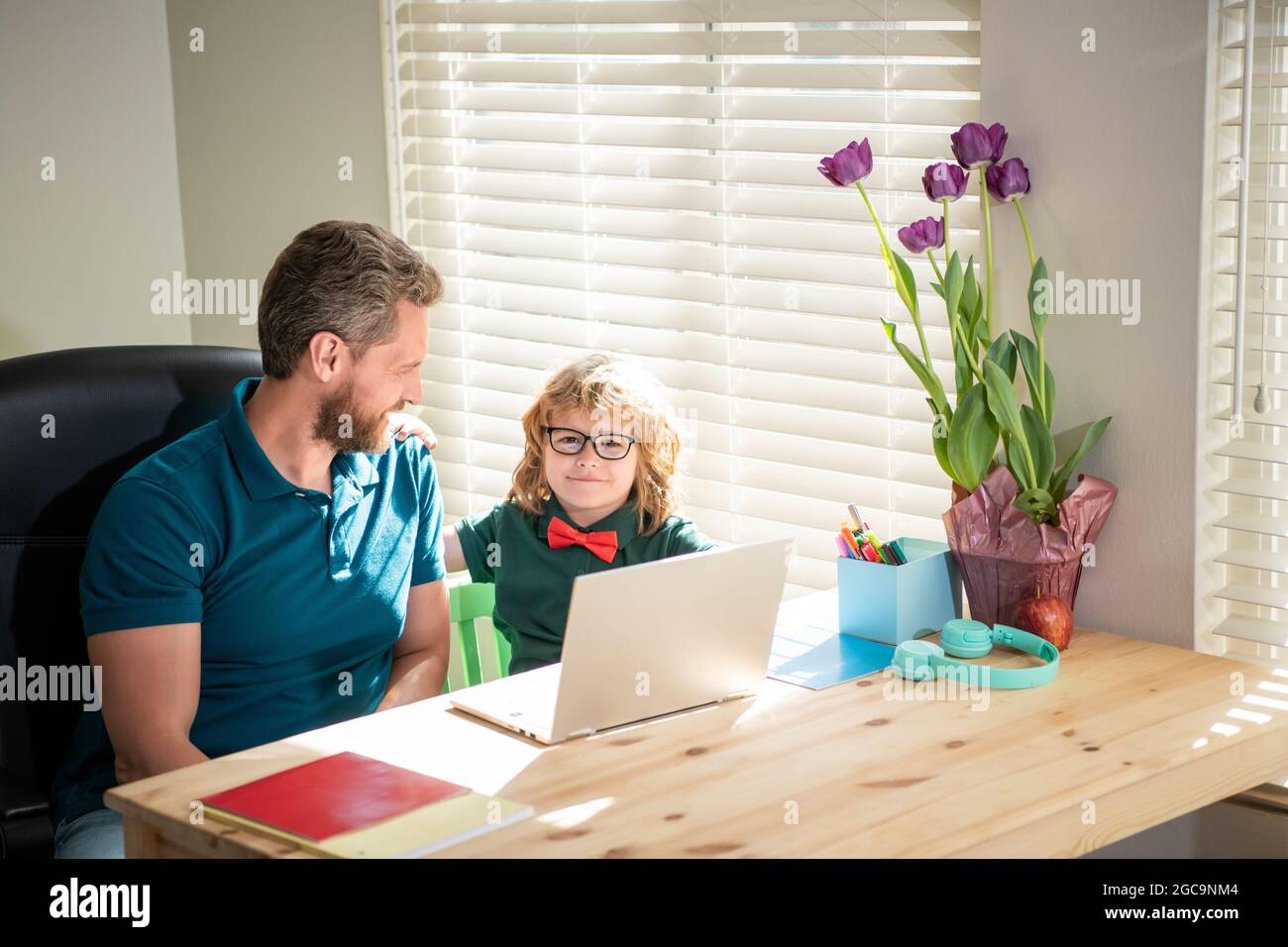 family blog. nerd boy do homework with teacher. webinar video lesson ...