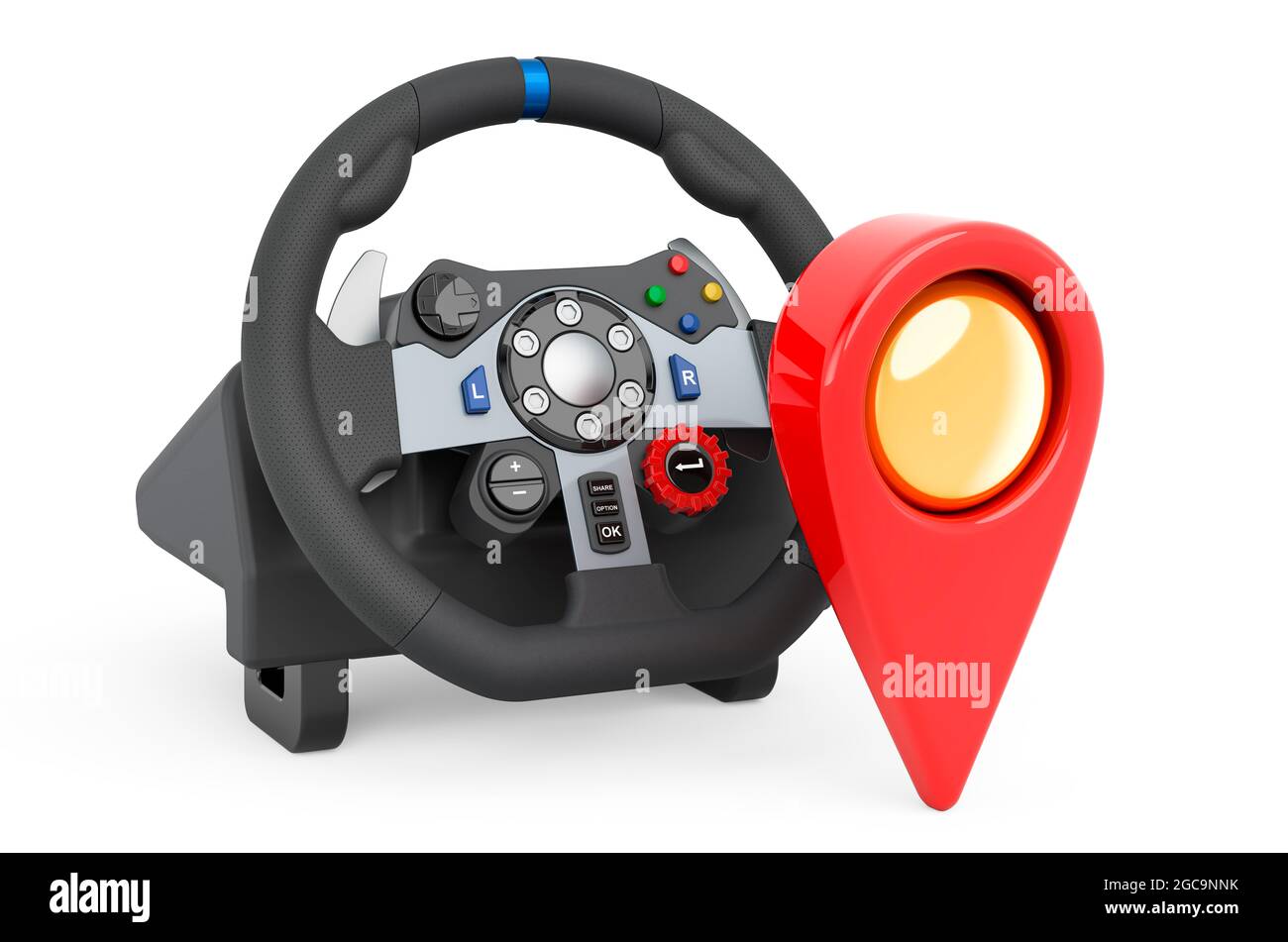Map pointer with gaming steering wheel, 3D rendering isolated on white ...