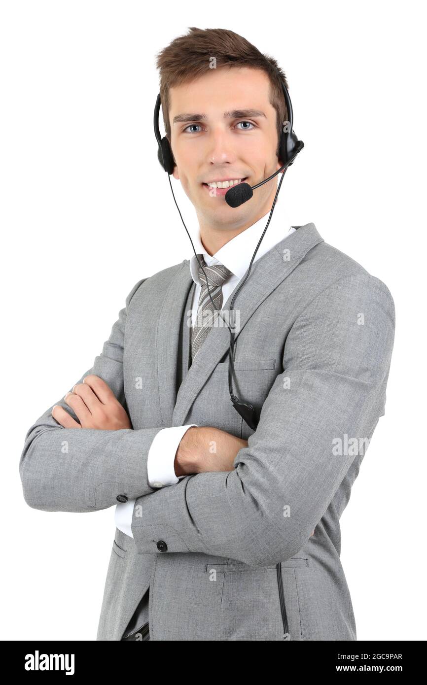 Call center operator isolated on white Stock Photo - Alamy