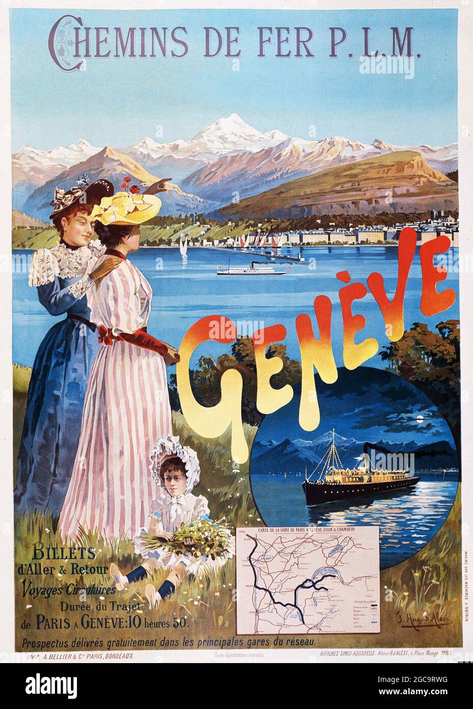 An vintage travel poster for Geneva (Genéve) in Switzerland Stock Photo ...