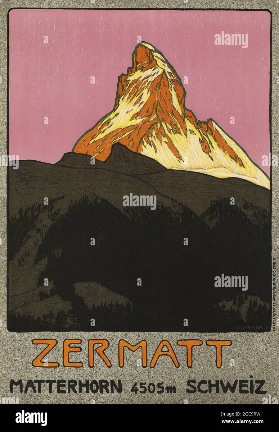 An vintage travel poster for Zermatt in Switzerland, showing the ...