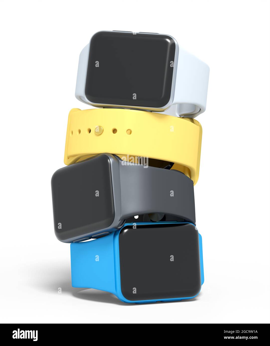 Stack of smart watches with colorful straps on white background. 3D ...