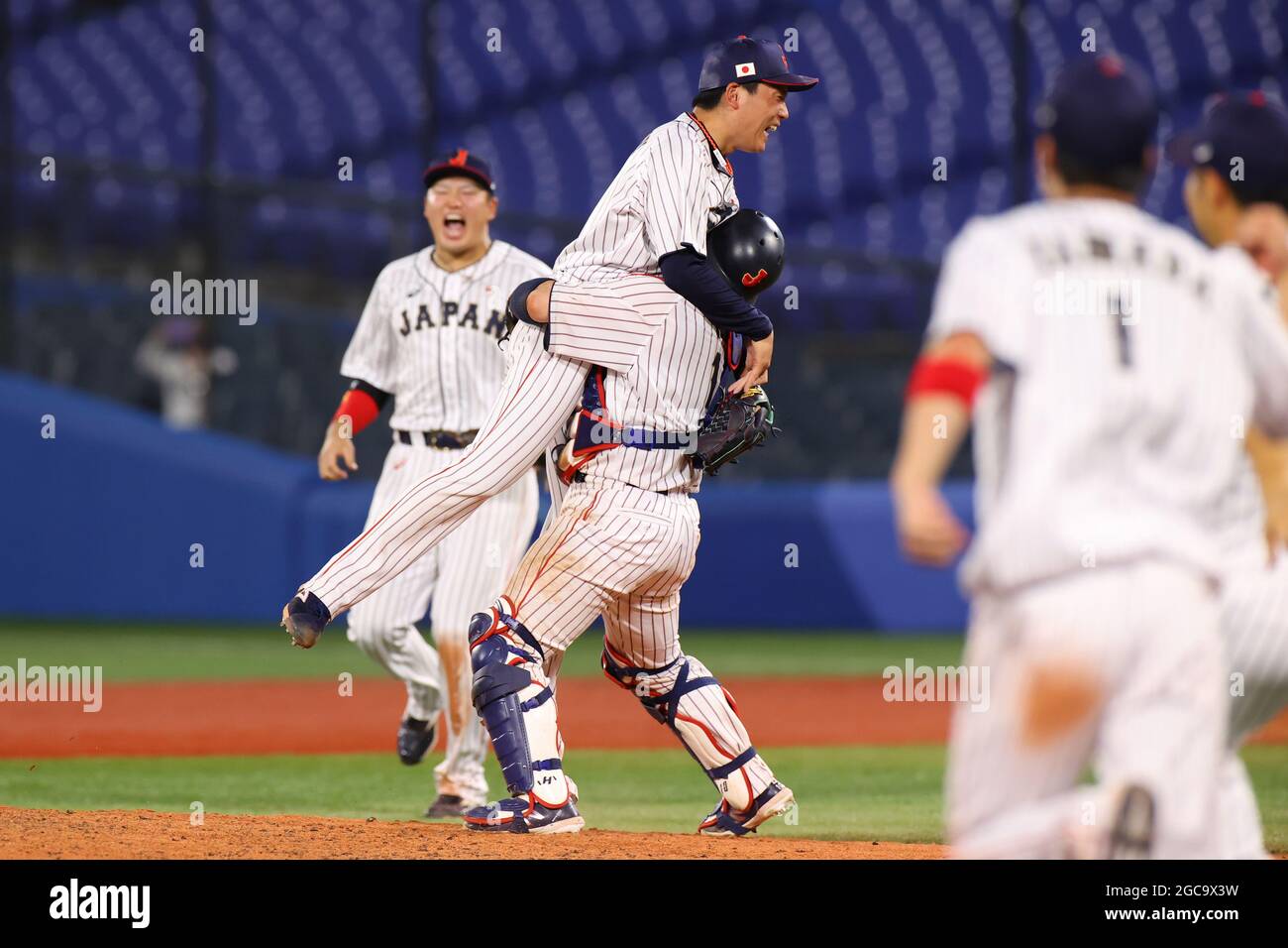 Kanagawa, Japan. 7th Aug, 2021. (L-R) Ryoji Kuribayashi, Takuya Kai (JPN) Baseball : Final game ...