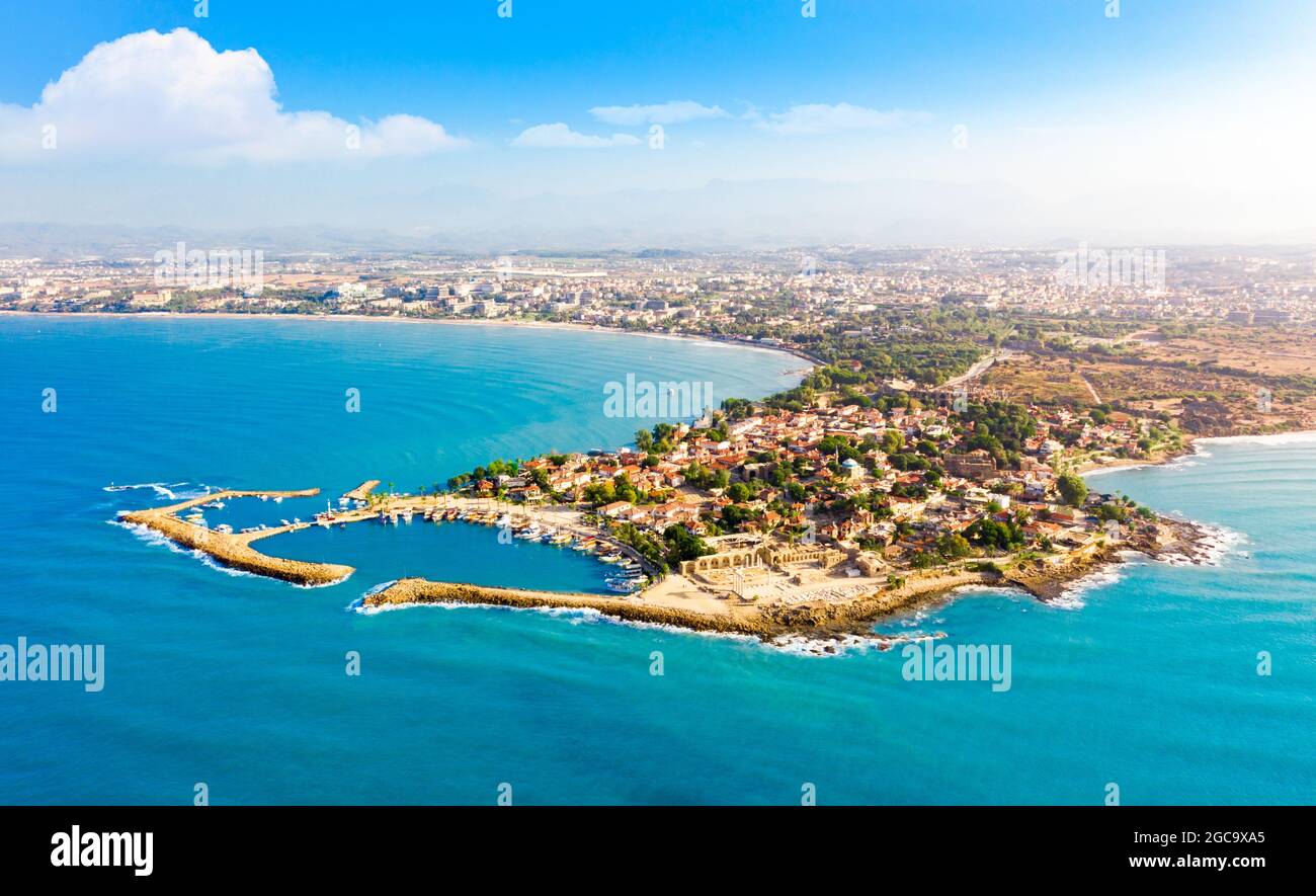 Aerial view of ancient Side town, Antalya Province, Turkey Stock Photo ...