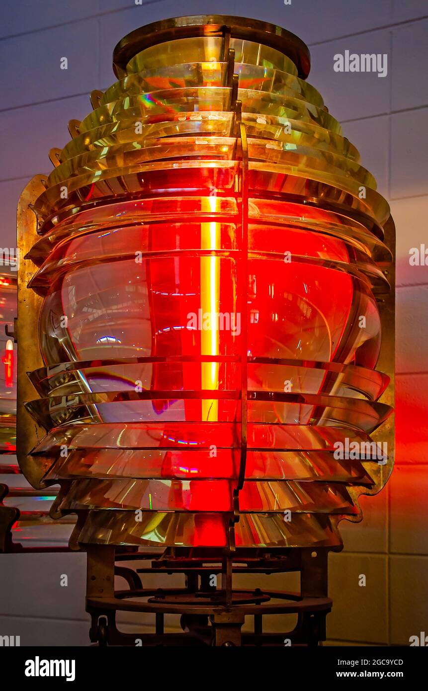 A Fourth Order Fresnel lens from Mobile Point Lighthouse is displayed ...