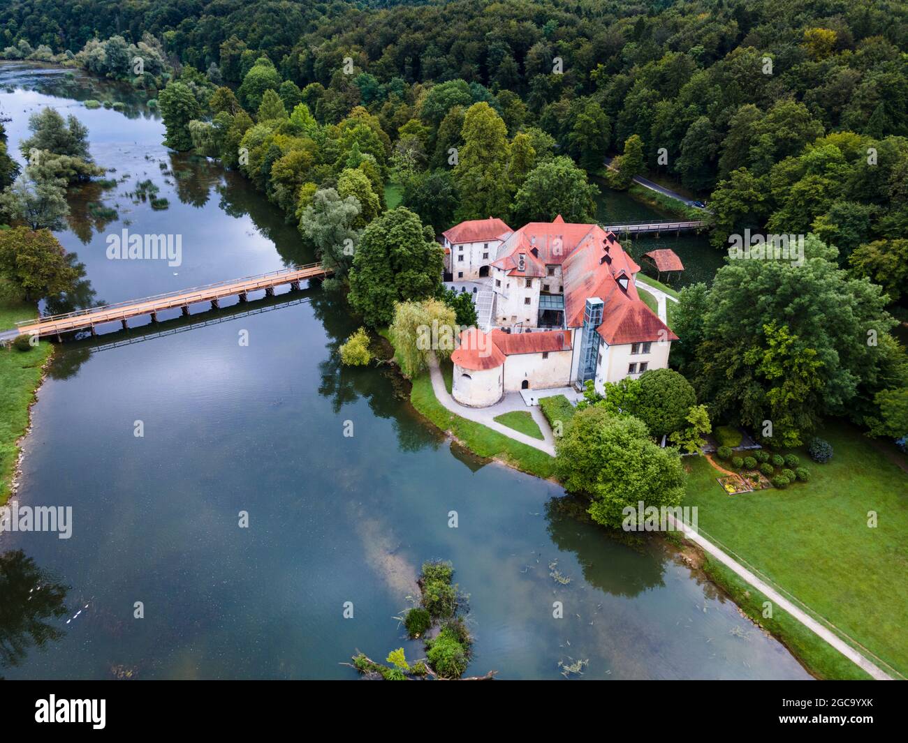 Otocec Castle on Krka River in Slovenia. Drone View Stock Photo - Alamy