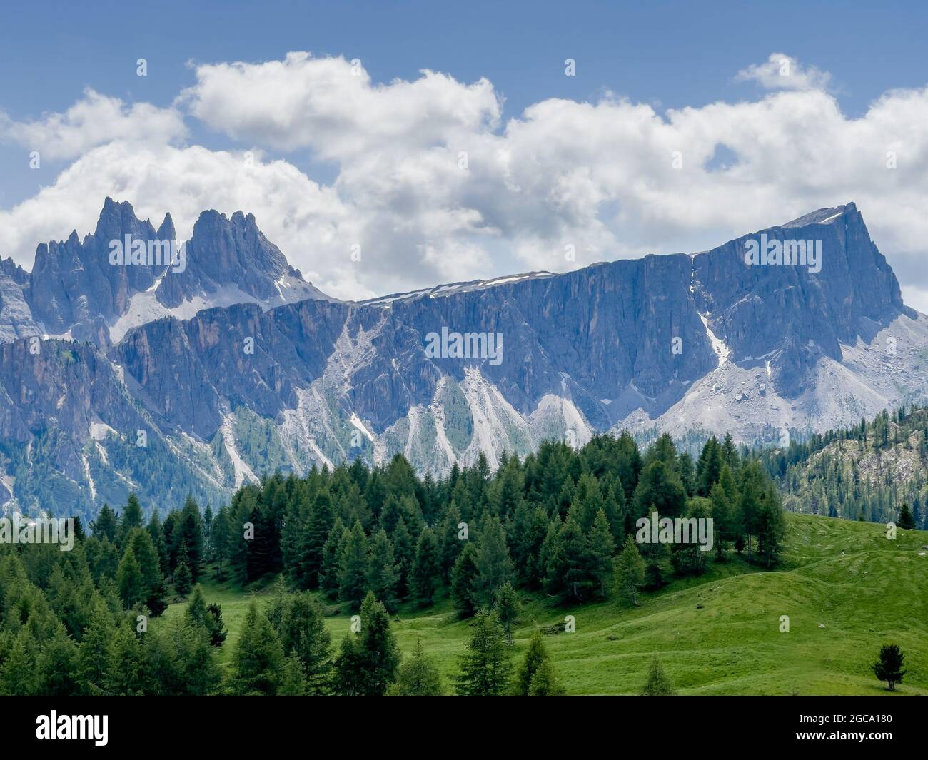 Picturesque Dolomite Alps formation Landscape photo with green spruces ...