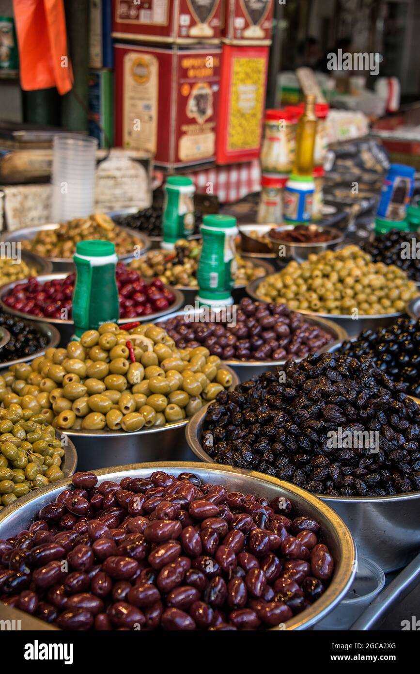Variety of olives at the street market, Shuk Hacarmel, in Tel Aviv ...