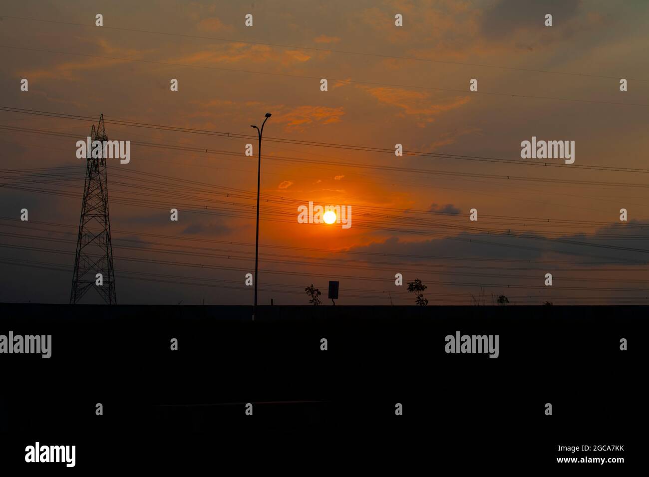Messy wires sky sunset background Stock Photo - Alamy