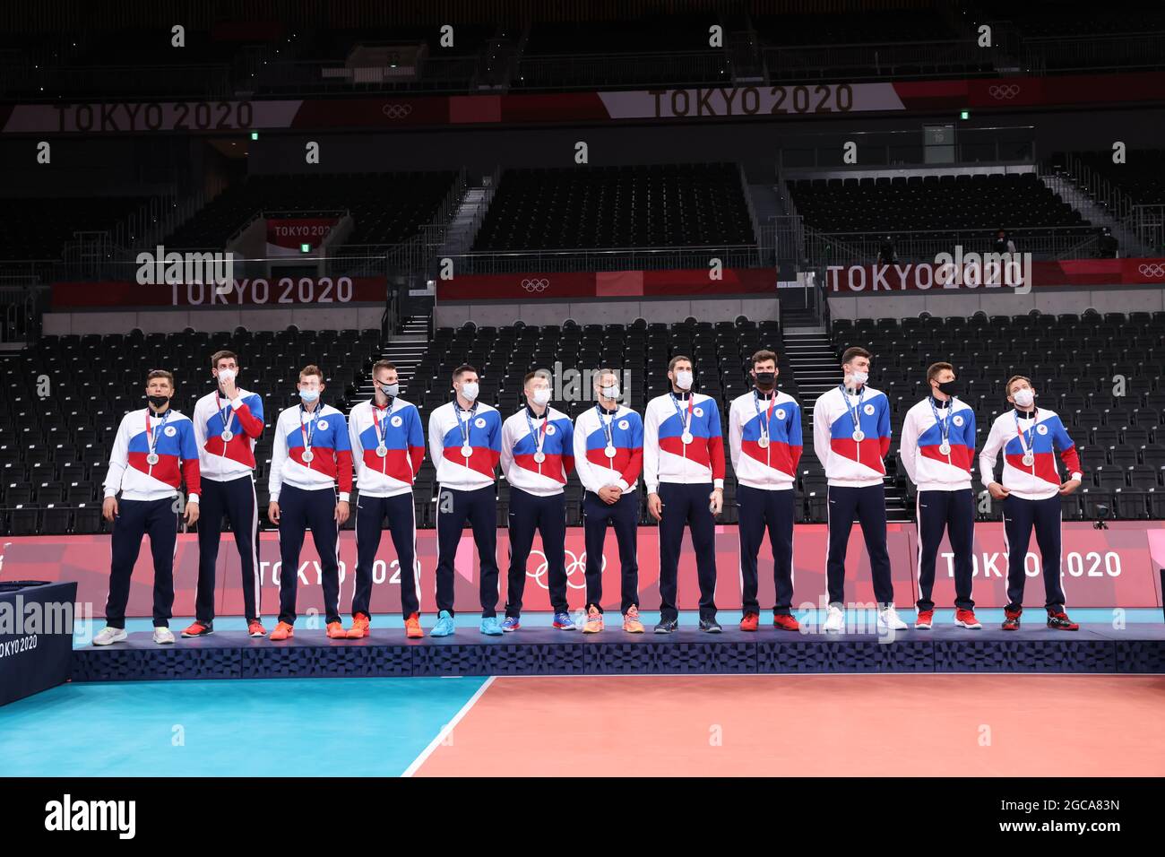 Silver medalists, Team ROC (ROC), celebrate on the podium in the ...