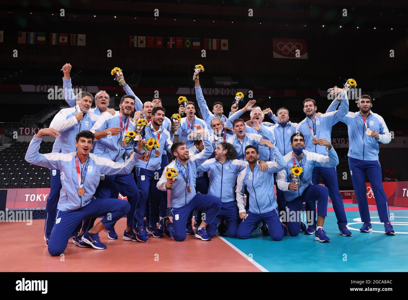 Team Argentina (ARG), celebrate winning bronze in the Volleyball - Men ...