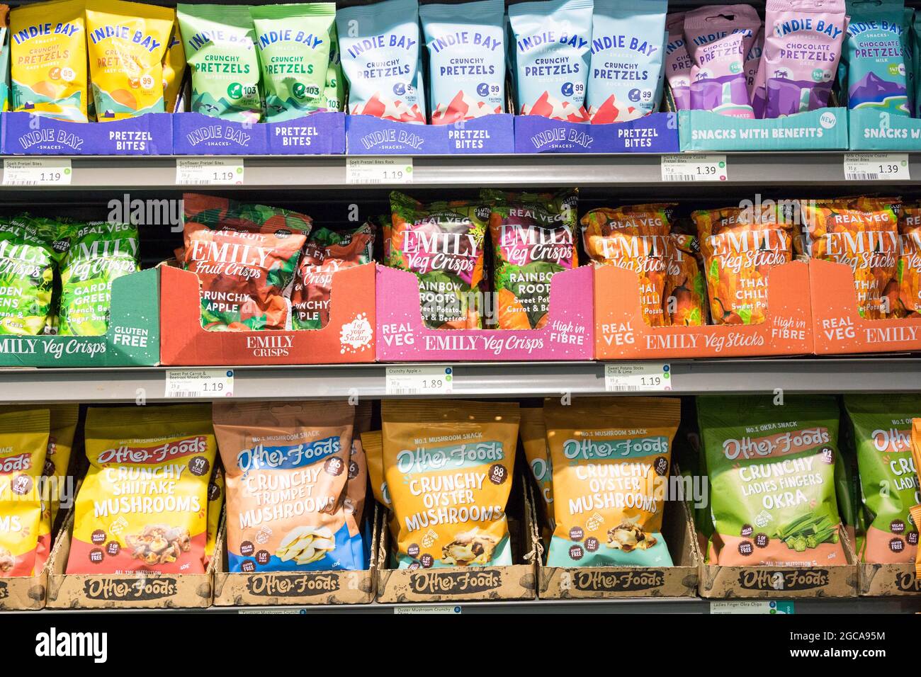 pre-packed bags of Emily Crisps,Indie Bay,Pretzel Bites Stock Photo - Alamy