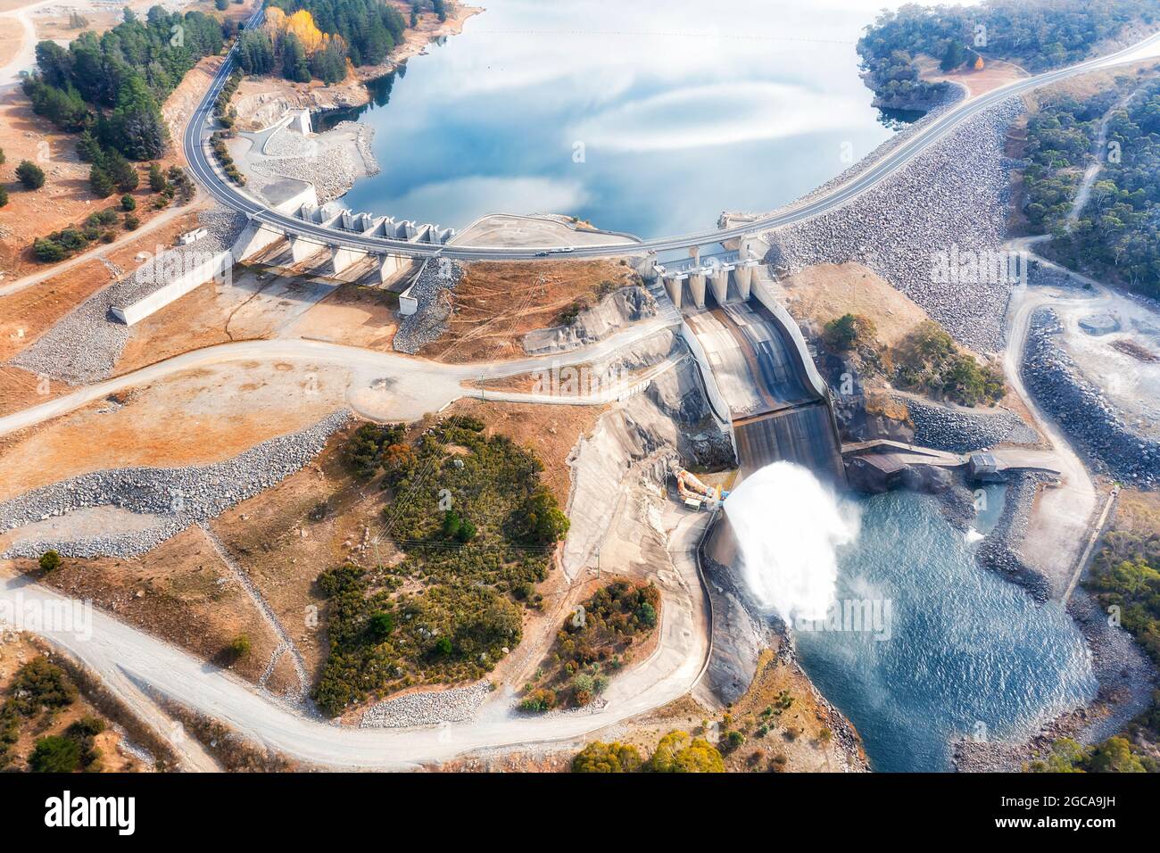 Spillway of Jindabyne lake power hydro dam on Snowy River in Snowy ...