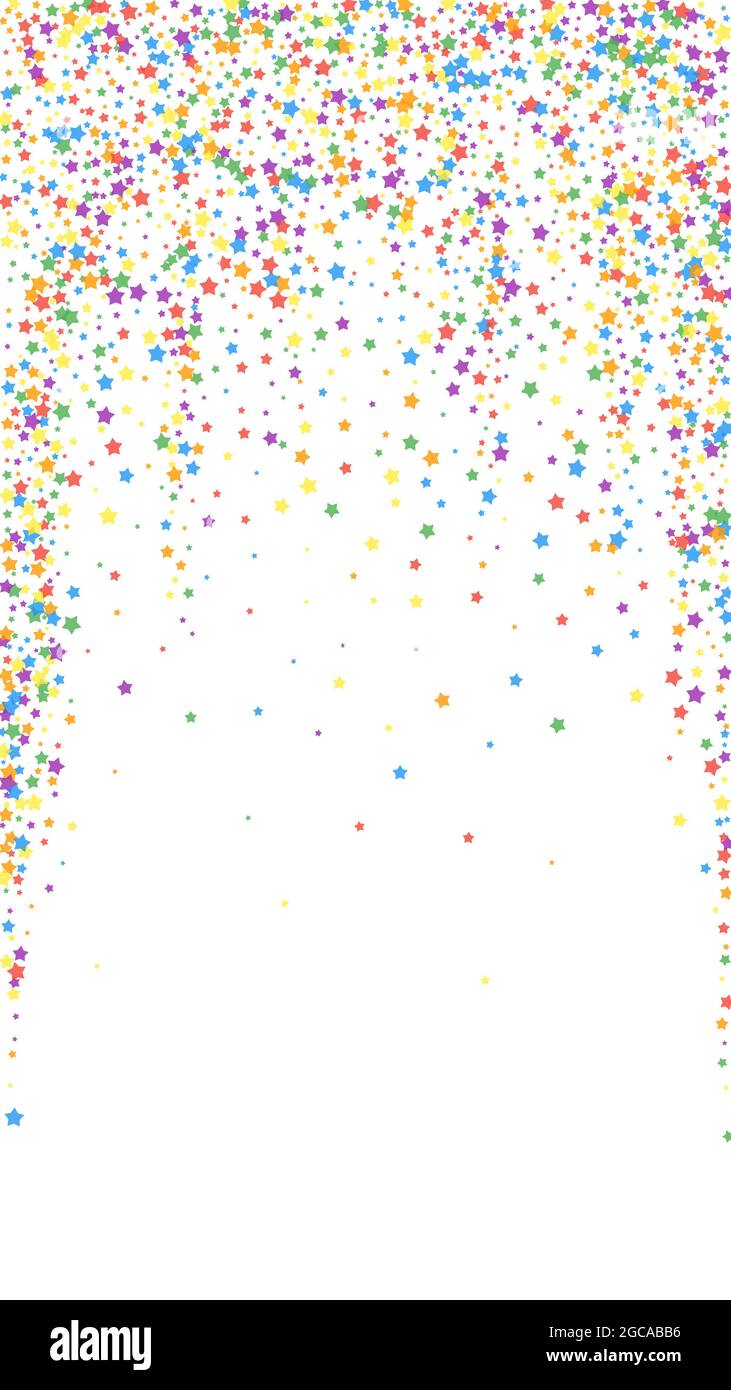 Festive modern confetti. Celebration stars. Rainbow bright stars on white background. Glamorous ...